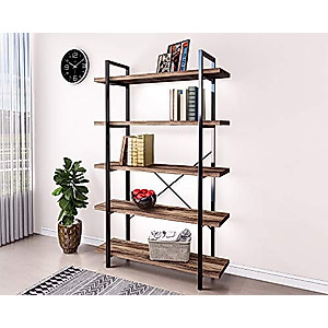 45MinST 5-Tier Vintage Industrial Style Bookcase/Metal and Wood Bookshelf Furniture for Collection,Vintage Brown, 3/4/5 Tier (5-Tier)