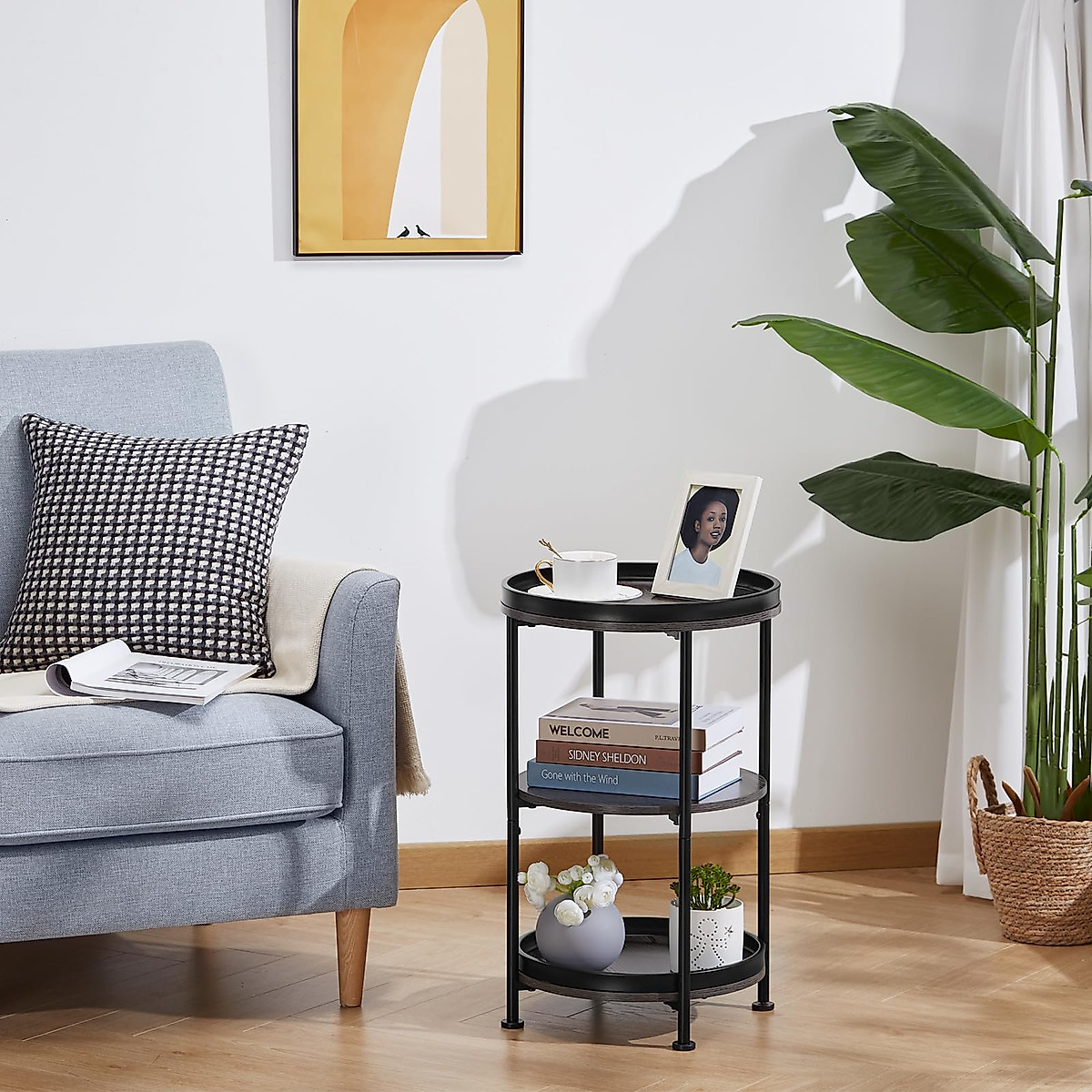 Dulcii Side Table, Round End Table with 3 Shelves for Living Room, Bedroom, Nightstand with Steel Frame for Small Spaces, Industrial Round Sofa Table, Outdoor Accent Coffee Table, Grey