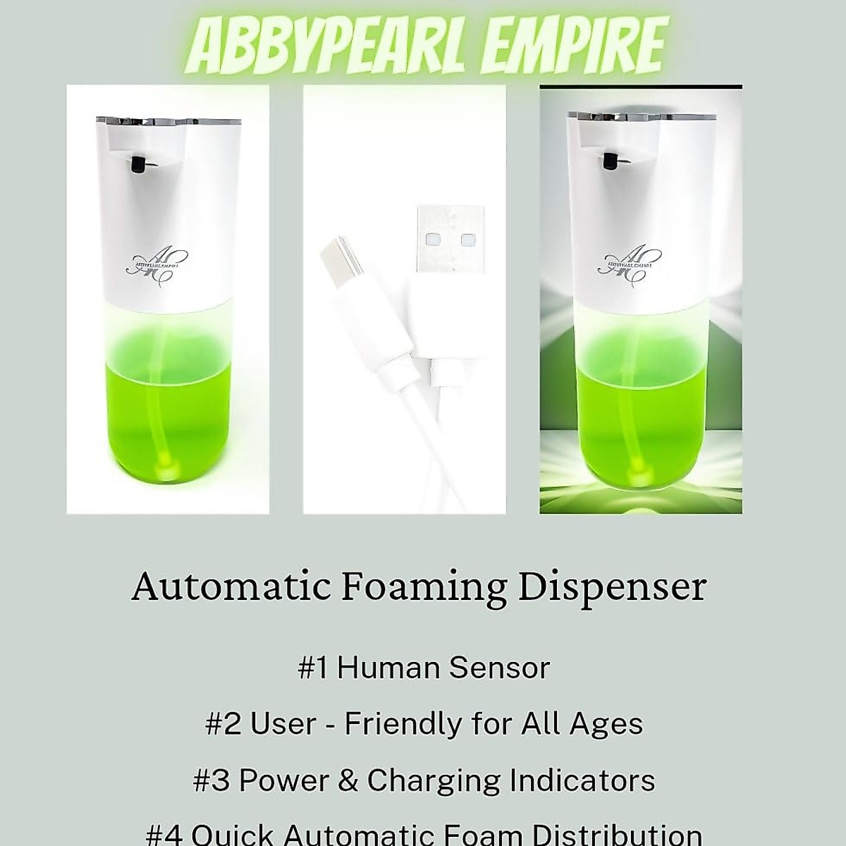 AbbyPearl Empire Automatic Foaming Soap Dispenser, Touchless, Rechargeable, Kids Soap Dispenser with 4-Level Adjustable Foam, Non-Drip Spout – Hands Free Soap Dispenser for Home and Kitchen, 400ml