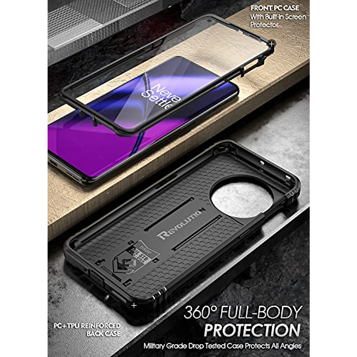 Poetic Revolution Case for OnePlus 11 5G 6.7"(2023), [20 FT Mil-Grade Drop Tested], Full-Body Rugged Dual-Layer Shockproof Protective Cover with Kickstand and Built-in-Screen Protector, Black