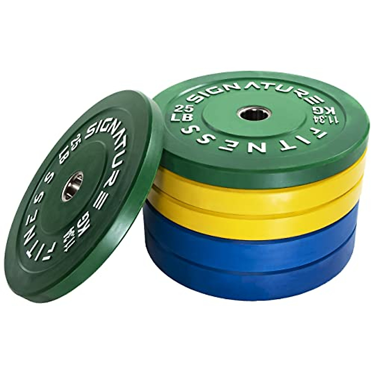 Signature Fitness 2" Olympic Bumper Plate Weight Plates with Steel Hub, 210LB Set (2x 25/35/45LB), Colored