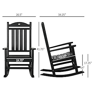 Outsunny 2 Pieces Outdoor Rocking Chair, All Weather-Resistant HDPE Rocking Patio Chairs with Rustic High Back, Armrests, Oversized Seat and Slatted Backrest, 350lbs Weight Capacity, Black