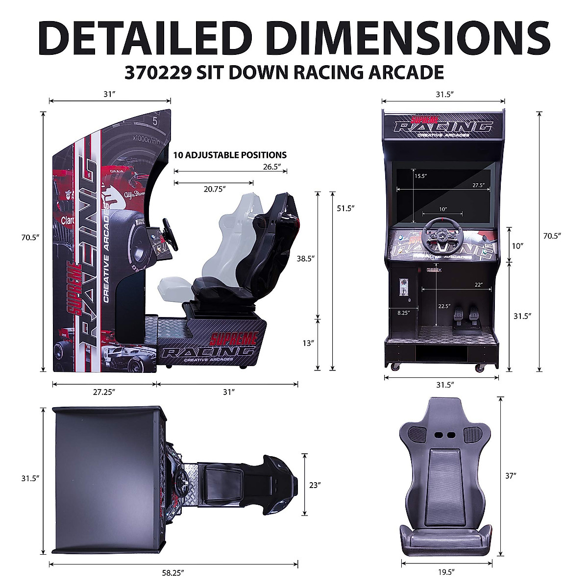 Creative Arcades Full Size Commercial Grade Seated Racing Arcade Machine | 107 Racing Games | 32" LCD Screen | Seat | Steering Wheel | Pedals | 3 Year Warranty