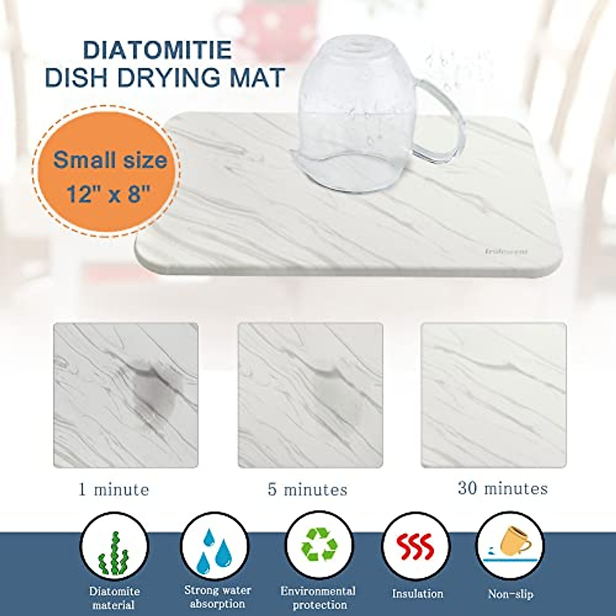 Dish Drying Mats for Kitchen Counter, Diatomaceous Earth Mat, 12”x8” & 9”x3” Small Size Hard White Water-Absorbent Heat-Resistant Non-Slip Diatomite Mat, Draining Mat for Drying Rack (Marble)