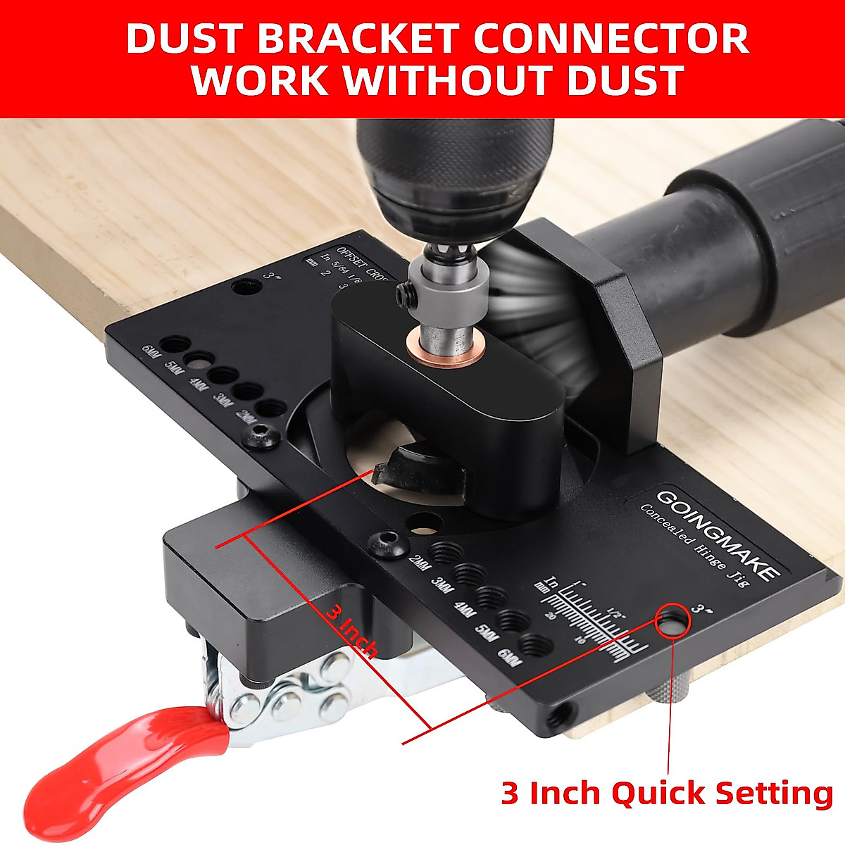 GOINGMAKE Metal Concealed Hinge Jig with Quick Clamp and Dust Vacuum Adapter Concealed Door Hinge Jig 35mm Cabinet Hinge Jig Hinge Hole Drilling Jig for Woodworking Door Cabinet Hinges Mounting Tool