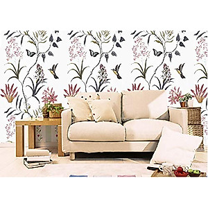 HOYOYO Four Seasons Pink Blossom Self-Adhesive Liner Paper, Blossom Humming Birds Butterflies Removable Peel and Stick Dresser Cabinets Furniture Table Desk Home Decor 17.8 x 118 inch, White