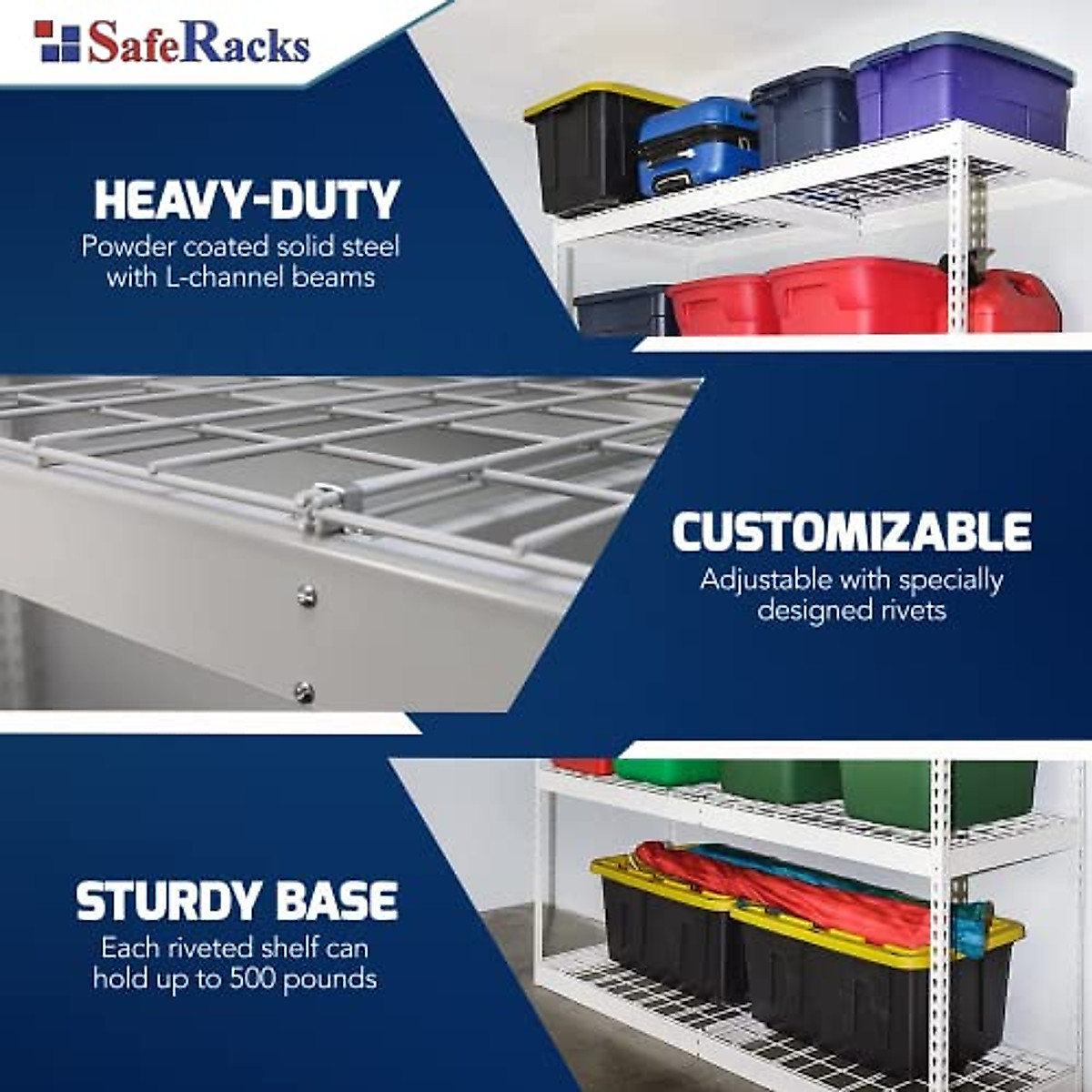 SafeRacks Garage Shelving Unit - Storage Shelf That Holds 500 Pounds Per Shelf Rack - All Steel Shelves for Storage - Easy to Assemble Shelving Storage, Garage Shelf, Hammertone (24" x 92" x 84")