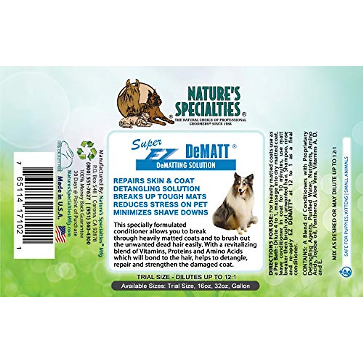 Nature's Specialties Super EZ DeMatt Dematting Solution Concentrate for Pets, Natural Choice for Professional Groomers, Breaks up Tough Mats, Made in USA, 16 oz