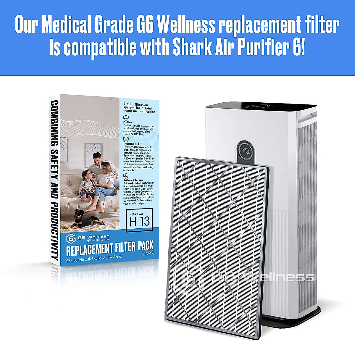 G6 Wellness H13 HEPA Replacement HE601 Filter Compatible with Shark HE6FKPET Air Purifier | 3 in 1 Filtration | Medical Grade True HEPA Filter H13 | Activated Carbon | Pre-Filter