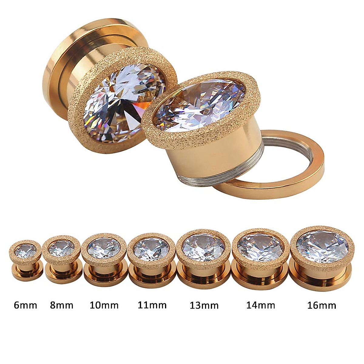 ZS Rose Gold Stainless Steel Screw Big Cubic Zirconia Ear Gauges Plugs Tunnels Expander Body Piercing (Gauge=00g(10mm))