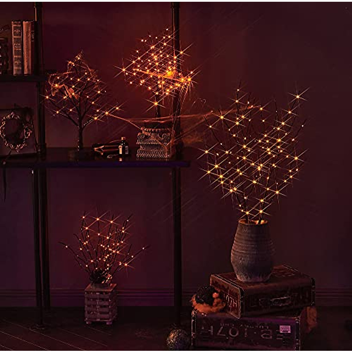 LITBLOOM Lighted Spooky Halloween Tree with Timer Battery Operated or USB Plug in, Pre-lit Black Glittered Tabletop Tree with Orange Lights 24L 18IN for Halloween Home Party Decoration Indoor