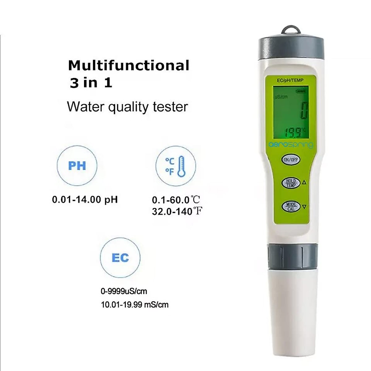 AEROSPRING 3-in-1 Waterproof Multifunction Digital Meter, Measures Electrical Conductivity (EC), pH and Temperature Functions Specially Designed for Hydroponic Systems