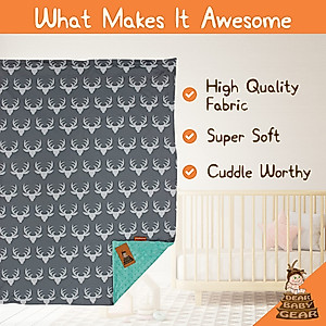 Dear Baby Gear Deluxe Double Layer Baby Blanket - Gender Neutral Infant Blankets for Girls & Boys - Nursery Quilt for Newborn - Cute Infant Crib Cover - Antlers Grey, Mint Blanket 40x30 Inches