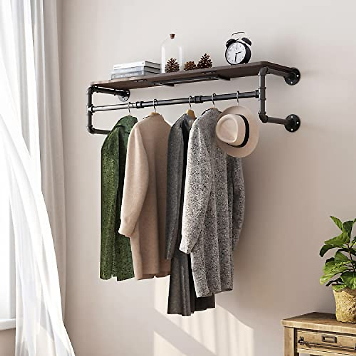 GREENSTELL Clothes Rack with Top Shelf, 41in Industrial Pipe Wall Mounted Garment Rack, Space-Saving Display Hanging Clothes Rack, Heavy Duty Detachable Multi-Purpose Hanging Rod for Closet Storage