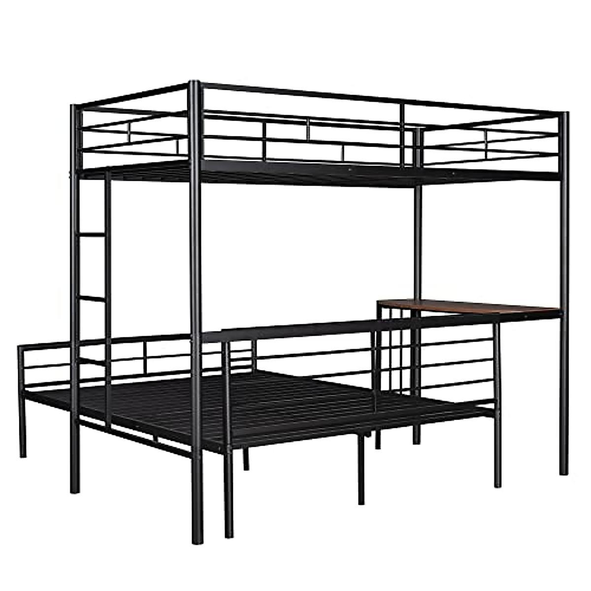 MOEO Twin Over Full Metal Bed with Desk and Ladder for Kids, Adults, Bedroom, Steel Bunk Bedframe w/Slats, No Box Spring Needed, White, Black