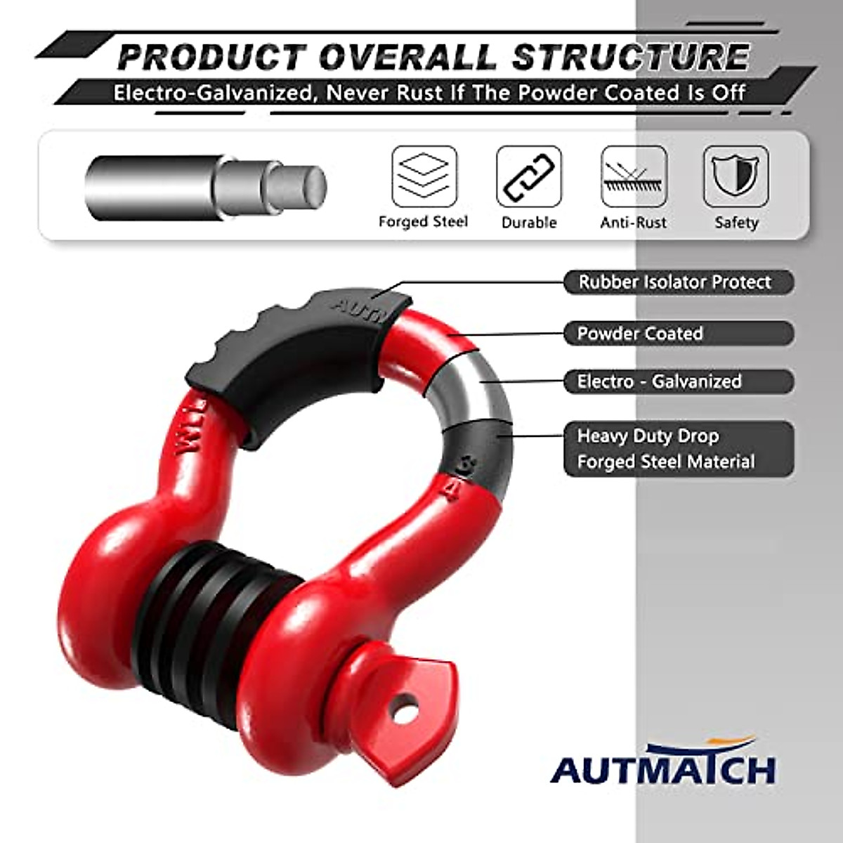 AUTMATCH Shackles 3/4" D Ring Shackle and Shackle Hitch Receiver 2 Inch with 5/8" Trailer Hitch Lock Pin, 45,000 Lbs Break Strength Heavy Duty Receiver Kit for Vehicle, Red