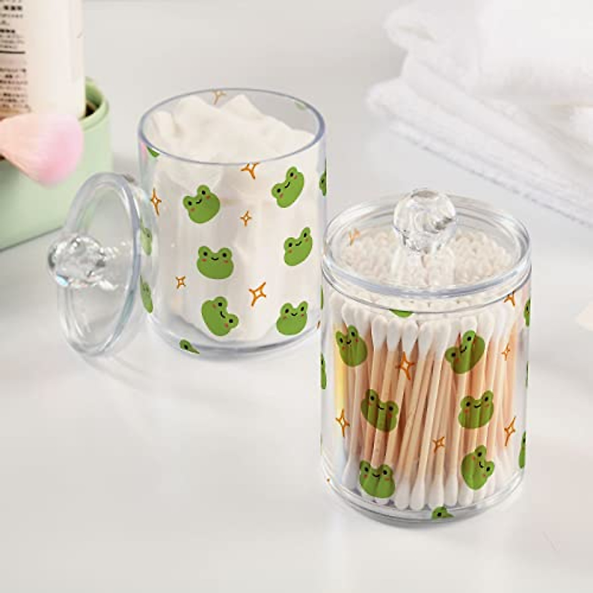 Bulletgxll Apothecary Jar with Lids 2 Pack Cute Frog Qtip Holder Clear Plastic Containers Bathroom Vanity Countertop Organizer for Cotton Swabs, Cosmetic Pads, Sponges, Flossers