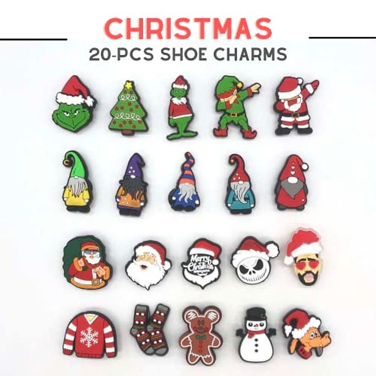 20-Pack Christmas Shoe Charms, Xmas Shoe Charm Set for Clog Sandals. Holiday Shoe Pins, Santa Claus Charms for Clogs, Sandals, Charm Decor, Shoe Accessories (Christmas)