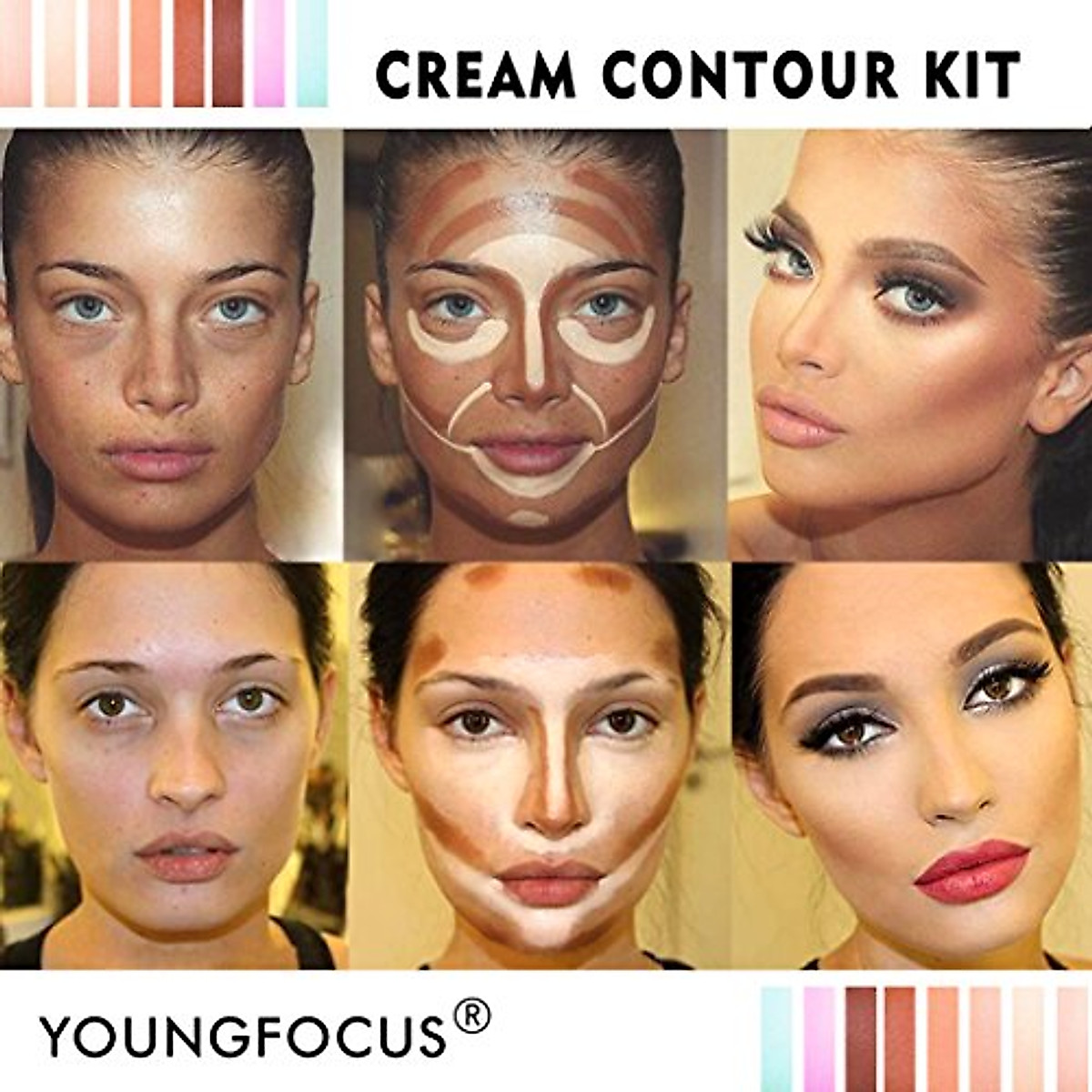 Youngfocus Cosmetics Cream Contour Best 8 Colors and Highlighting Makeup Kit - Contouring Foundation/Concealer Palette - Vegan & Cruelty Free - Step-by-Step Instructions Included