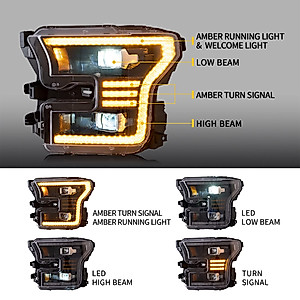 VLAND LED Headlights Compatible For [2015-2017 Ford F150 XL, XLT, Lariat, King Ranch, Platinum, Limited] With Dynamic Amber DRL & Turn Signal Lights, (Factory Halogen ONLY)