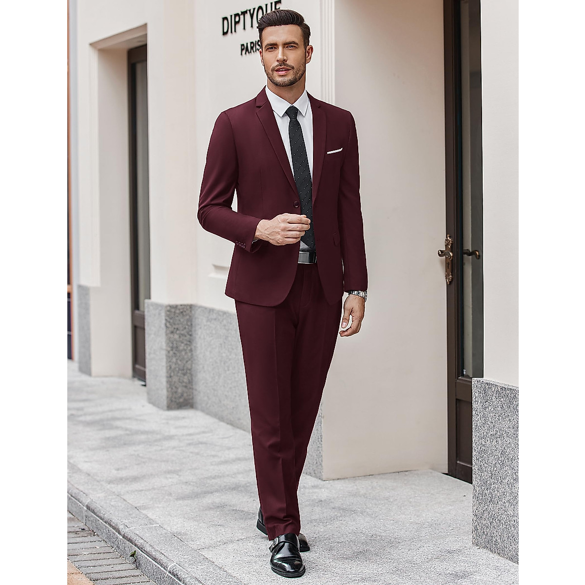 COOFANDY Christmas Suits for Men 2 Pieces Slim Fit Solid Color 2 Buttons Jacket Pants for Wedding Dinner Party Burgundy