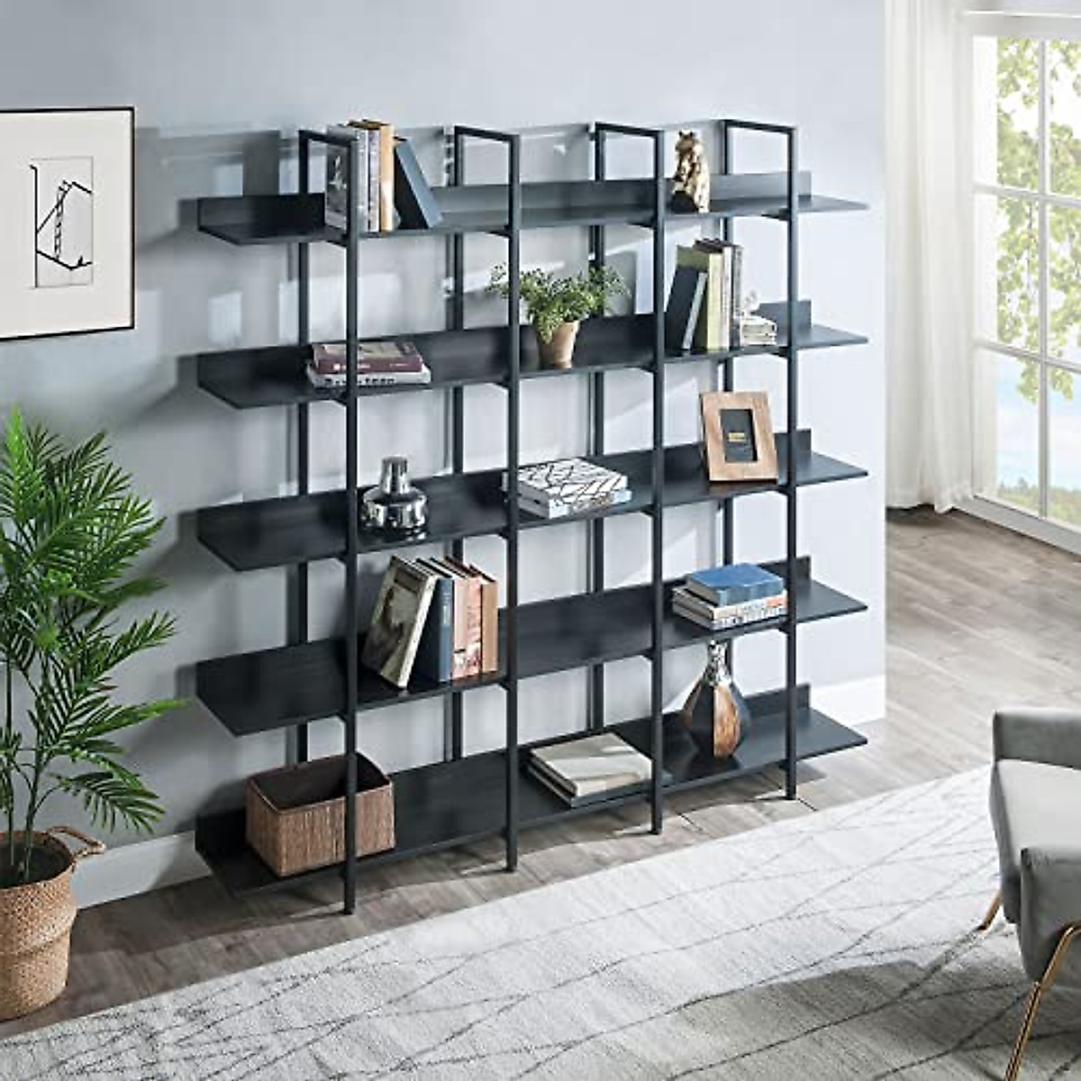 CALABASH Bookcases and Bookshelves Triple Wide 5 Tiers Industrial Bookshelf, Large Tall Bookcase Open Display Shelves with Metal Frame for Living Room Bedroom Library Home Office(Black)