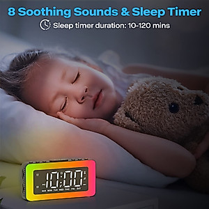Kids Alarm Clock for Bedroom, Mirrored Digital Clock with 8 RGB Night Lights, 0%-100% Dimmable, Sleep Aid, 8 Sleep Sounds, Dual Alarms, Snooze, USB Charger, Ideal Gifts for Teenage Boys Girls