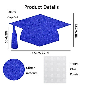 50Pcs Glitter Grad Caps Cutouts with 150Pcs Glue Points, Blue Graduation Cap Cut Table Decorations for 2024 High School College Graduation Party Supplies