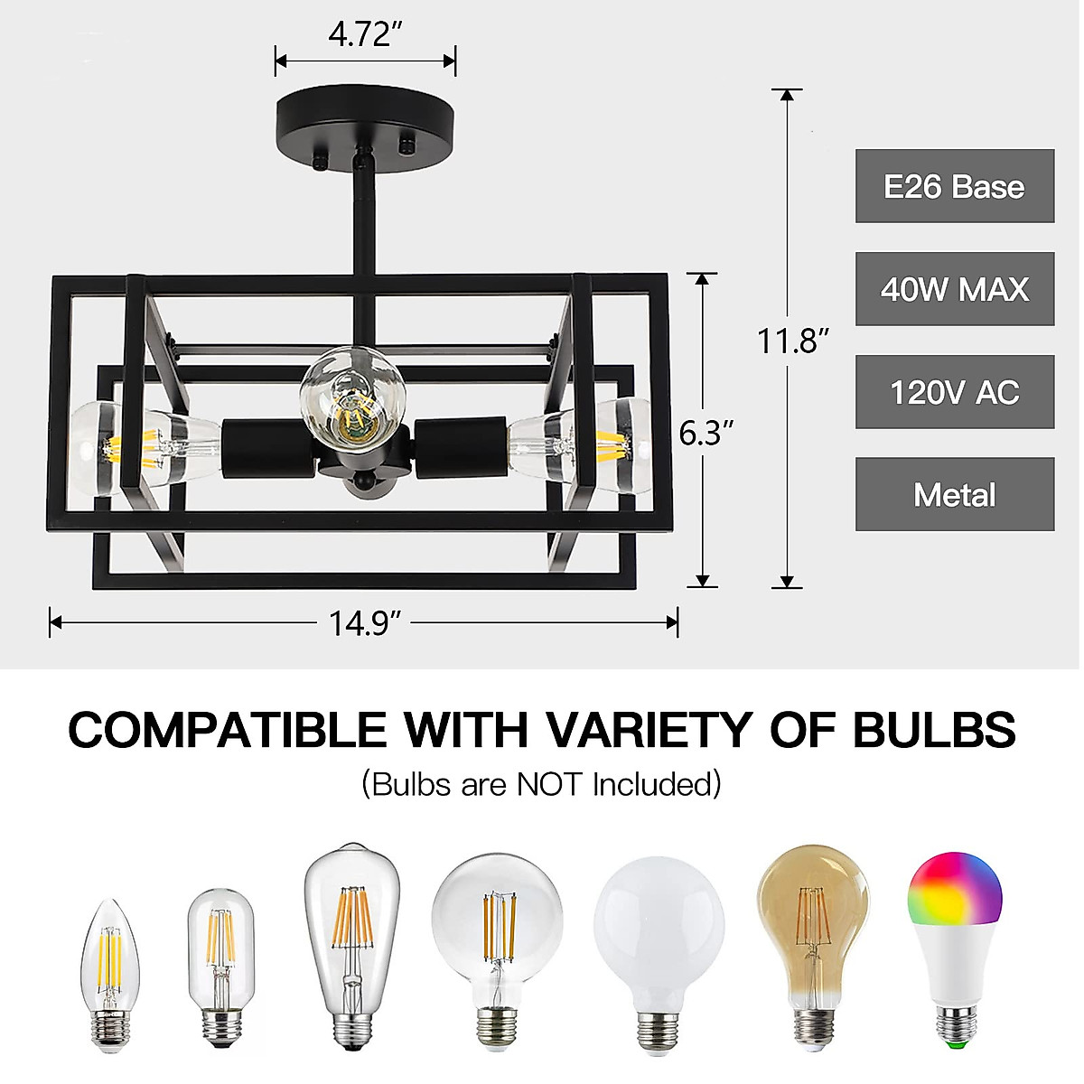 Minyuco Black Ceiling Light Fixtures - 4-Light Industrial Farmhouse Flush Mount Ceiling Lighting,Vintage Metal Chandelier Ceiling Lamp for Kitchen Living Room Bedroom Hallway Laundry Entryway