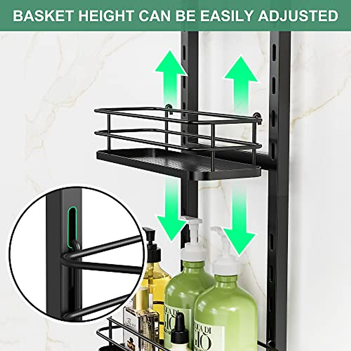 Thideewiz 3 Tier Hanging Shower Caddy Over Shower Head, Anti-Swing Shower Shelf, Adjustable Rustproof Shower Rack, Metal Shower Organizer with Hooks, Black