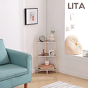 LITA Modern Wood Side Table, Triangular Accent End Table Plant Night Stand with Magazine Storage for Bedroom, Living Room, Bathroom, White, 3- Tier