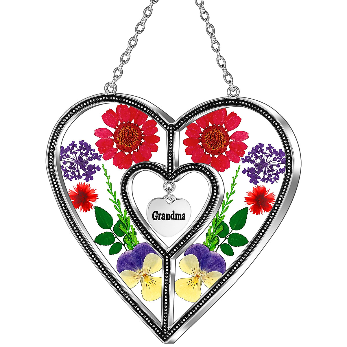 KY&BOSAM Heart Suncatchers Grandma Gift Ornament Stained Glass Sun Catcher Garden hangings Windows with Pressed Flower Heart Embedded in Glass Gifts for Grandma Mother`s Day Birthday Gifts