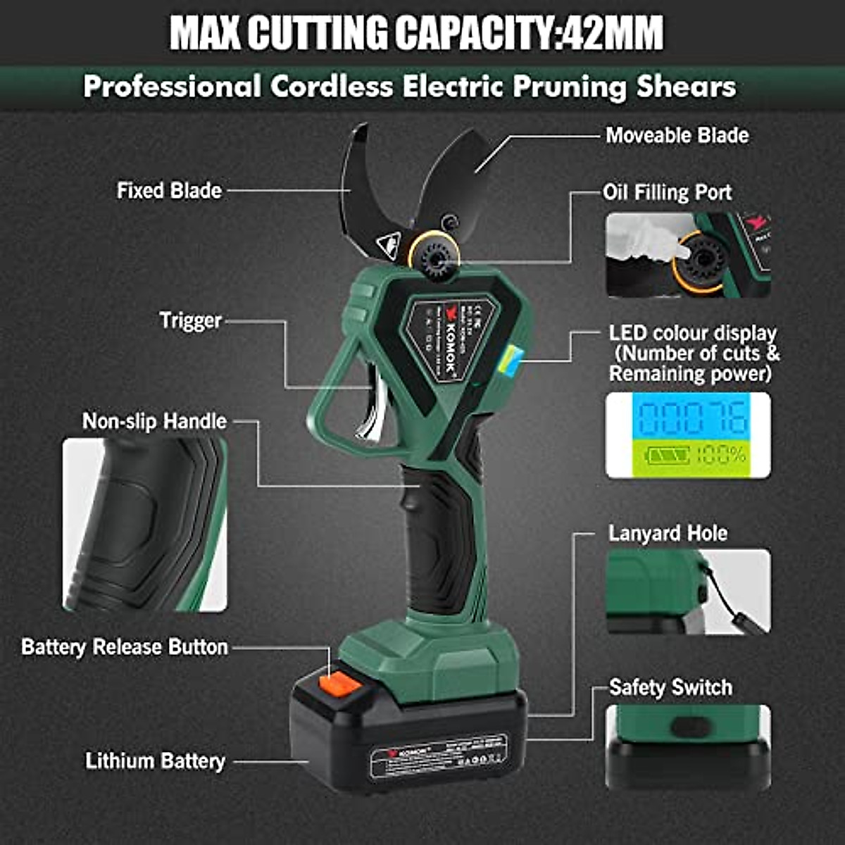 KOMOK Electric Pruning Shears, Professional Cordless Electric Pruners Battery Powered Tree Branch Cutter with 2 Rechargeable 2 Ah Lithium Batteries, 1.65" (42mm) Cutting Diameter 8-10 Working Hours