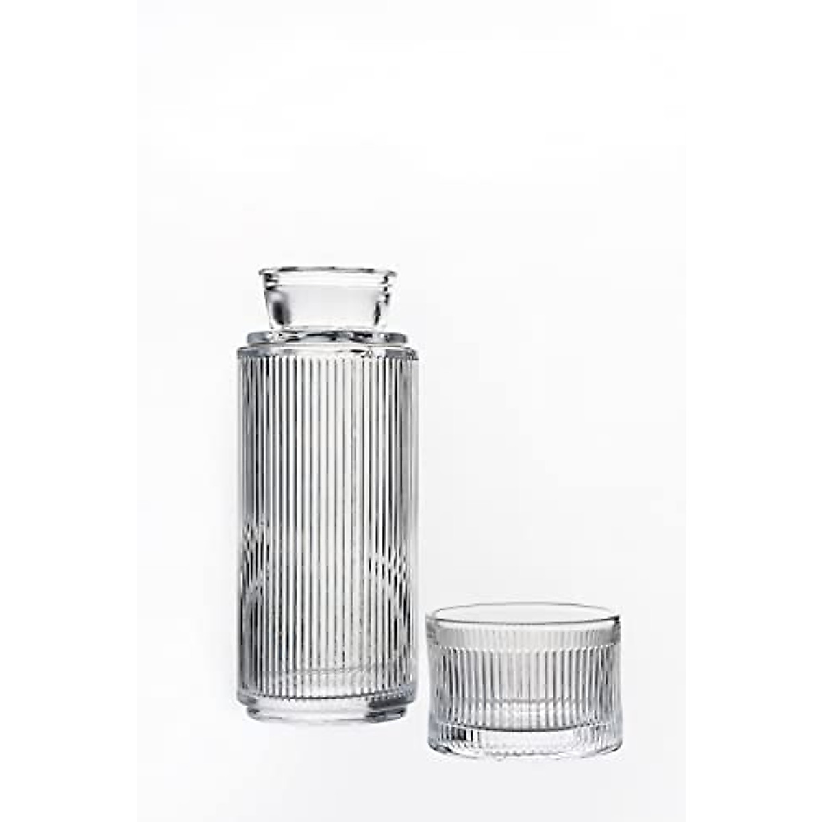 Alfi+Mag Bedside Glass Water Carafe and Tumbler Set - 24.7 Oz Water Bottle with 5.7 Oz Drinking Glass Cup, Carafe for Nightstand, Mouthwash Decanter Bathroom Set, Handmade Gift (Ripple Clear Glass)