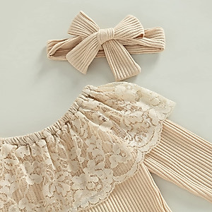 Balaflyie Infant Baby Girl Clothes Outfits Floral Ruffle Collar Long Sleeve Romper+Denim Flare Pants Bell Bottom Jeans