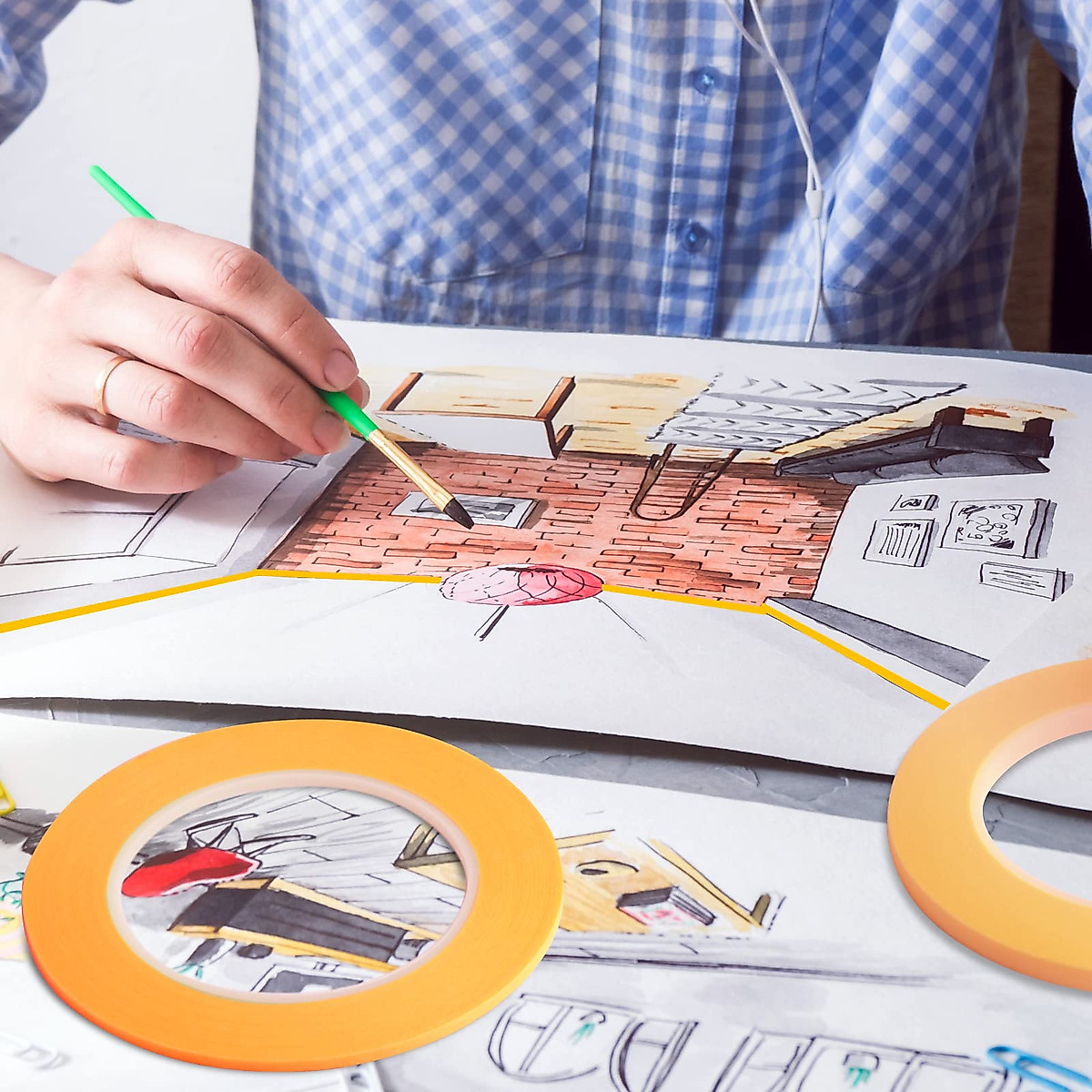 TSSART 3 Pack Fine Line Tape - Low Tack Fineline Masking Tape Painters Masking Tape for DIY Paint Art - Acid Free 1/4inch Wide 450FT Long Total