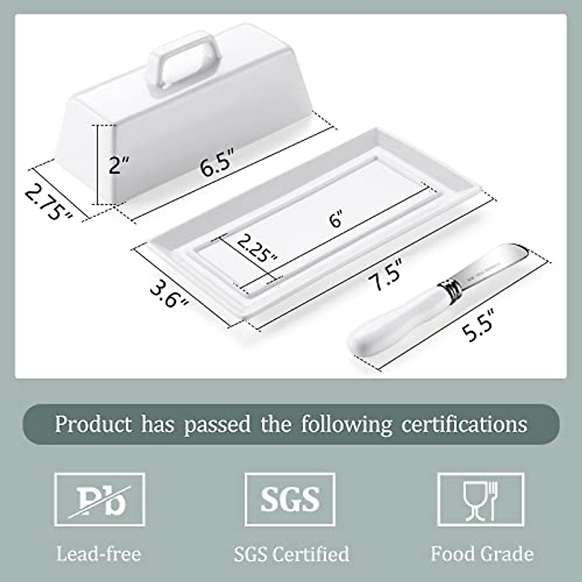 Yedio Porcelain Butter Dish Set with Lid and Knife，Butter Holder with Handle, Perfect for East and West Coast Butter, Dishwasher Safe, White