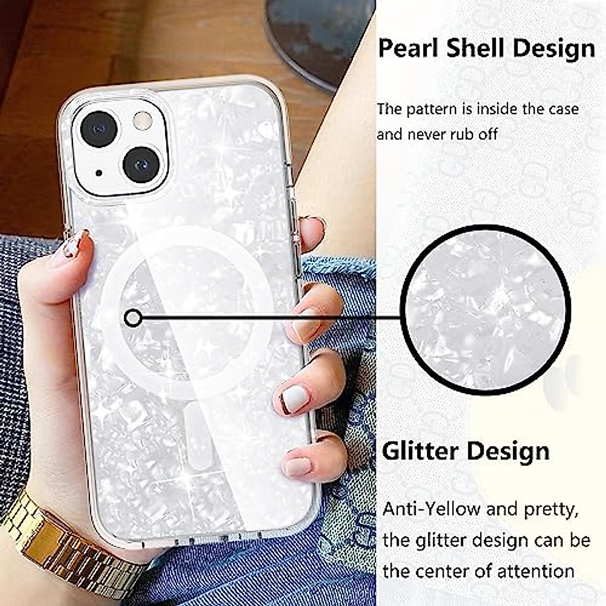 Tksafy for iPhone 13 Case/iPhone 14 Case for MagSafe, Cute Glitter Pearl Design for Women and Girls, Anti-Yellow Hard PC Protective Luxury Shockproof Bumper Phone Case for iPhone 13/14, White