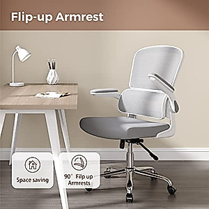 Logicfox Ergonomic Office Chair, Comfortable Office Chair with Flip-up Arms, Adaptive Lumbar Support, Mesh Computer Chair with Thick Cushion, White Office Desk Chair with 90°-130° Tilt Function
