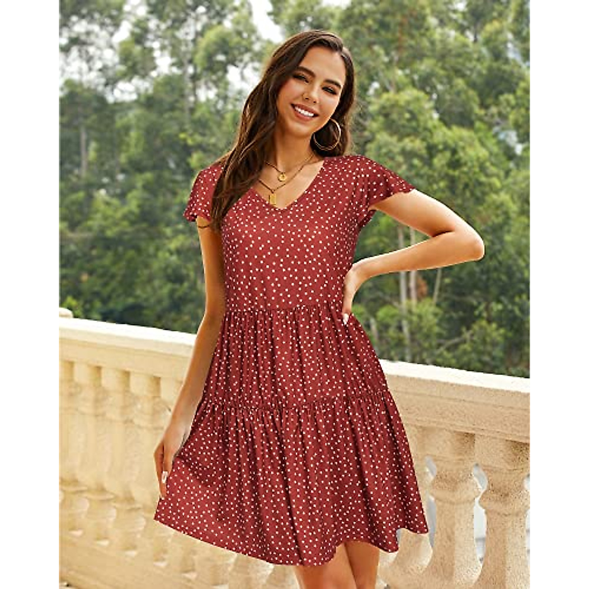 ULTRANICE Summer Sun Dresses for Women 2023 Casual Trendy V Neck Polka Dot Ruffle Mini Dress(Red,S)