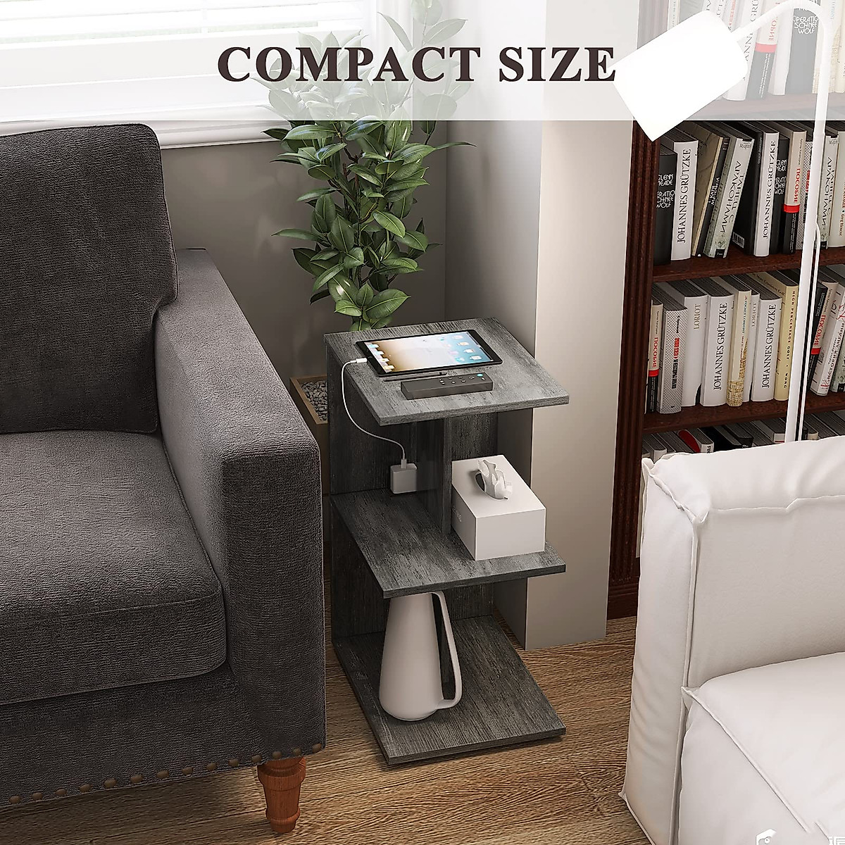 ZGREN End Table with Charging Station, Narrow Side Tables for Small Spaces with USB Ports and Outlets Rolling Bedside Nightstand Sofa Couch Slim Shelf Night Stand for Living Room, Bedroom, Grey