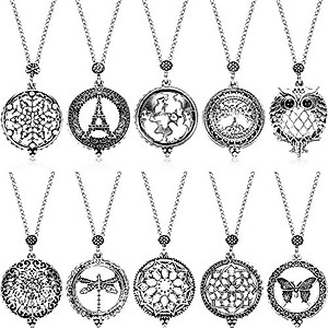 10 Pieces Magnifying Glass Long Necklace with Reading Magnifying Glass Pendant (Antique Silver)
