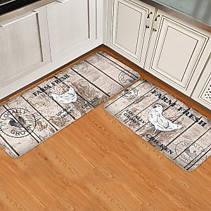 Rustic Farmhouse Kitchen Rug Set Kitchen Mats Cushioned Anti Fatigue Wood Farm Fresh Locally Grown Chicken Mats for Standing Waterproof Microfiber Easy to Clean 2 Pieces 19.7x31.5inch+19.7x47.2inch