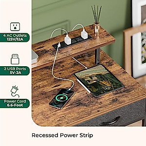 Huuger 47 inch Computer Desk with LED Lights & Power Outlets, Gaming Desk Home Office Desk with Storage Drawers, Rustic Brown