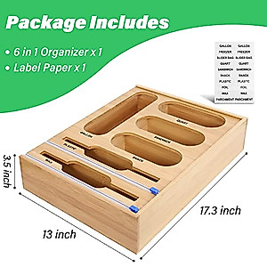 Ziplock Bag Organizer, 6 in 1 Bamboo Food Storage Bag for Kitchen Drawer or Wall Mount, Cling Film Dispenser with Slide Cutter, Multipurpose Bag Holder Box Suitable for Wax Variety Size Bags