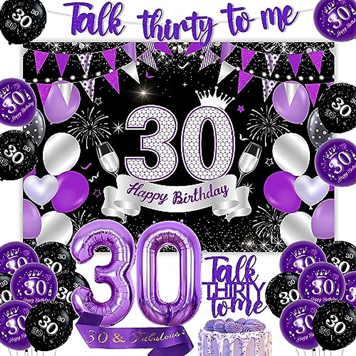 Balterever Talk Thirty to Me Birthday Decorations 30th Birthday Decorations Purple for Women with Talk Thirty to Me Banner Cake Topper 30th Birthday Backdrop 30& Fabulous Sash For Funny 30th Birthday