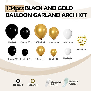 134Pcs Black And Gold Balloon Garland Arch Kit 18 12 10 5inch Latex Balloon Set for 2024 Graduation Decorations Shower Wedding Bachelorette Birthday Party New Year Decorations