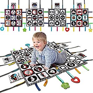 teytoy Tummy Time Floor Mirror, Double High Contrast Play and Pat Activity Mat Black and White Baby Crinkle Toys with Teether, Great Gift for Infants Boys and Girls -Pack of 4