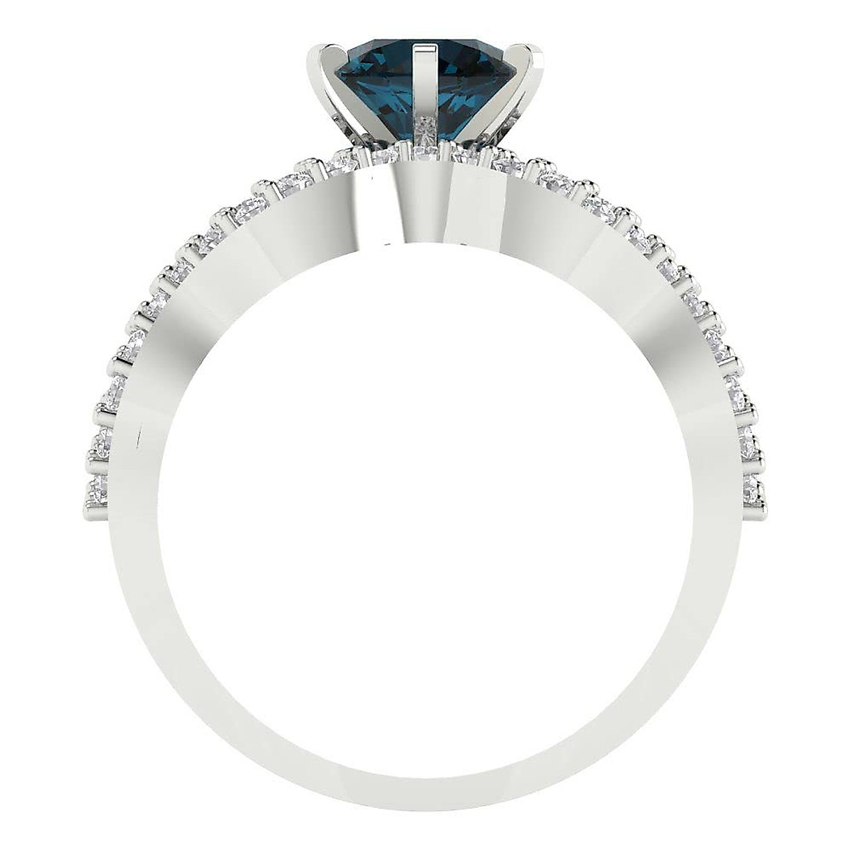 Clara Pucci 1.65ct Round Cut Laser Engraving Halo Natural London Blue Topaz Designer Statement Curved Ring Band Set 18K White Gold Size 4