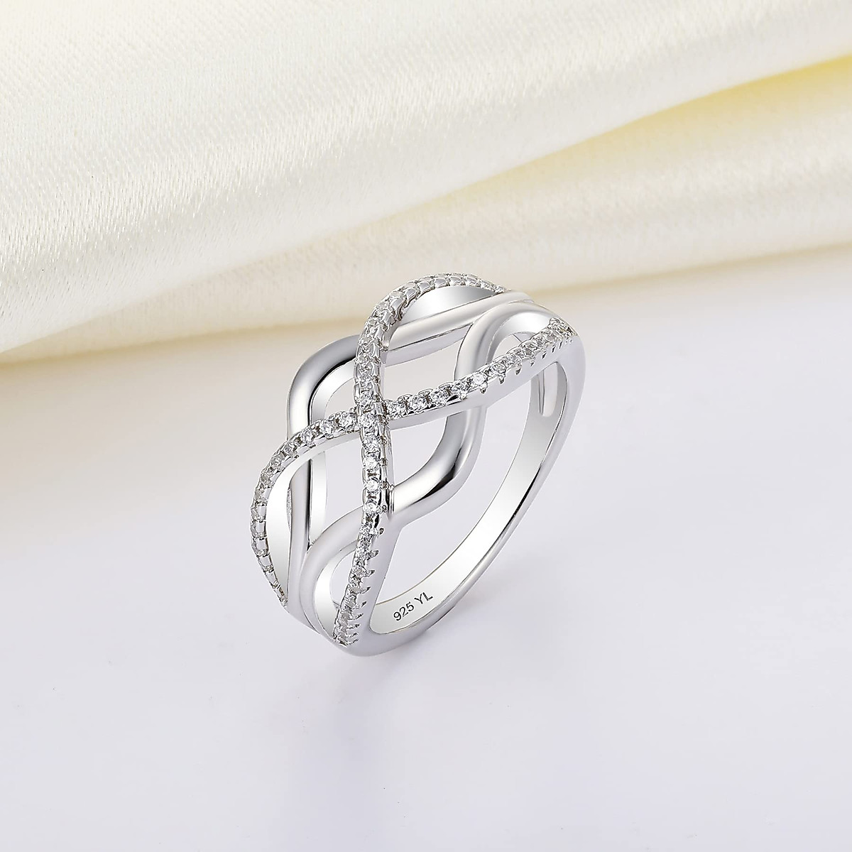 YL Celtic Knot Rings 925 Sterling Silver Twisted Knot Ring 18k White Gold Plated Cubic Zirconia Infinity Statement Rings for Women-size10